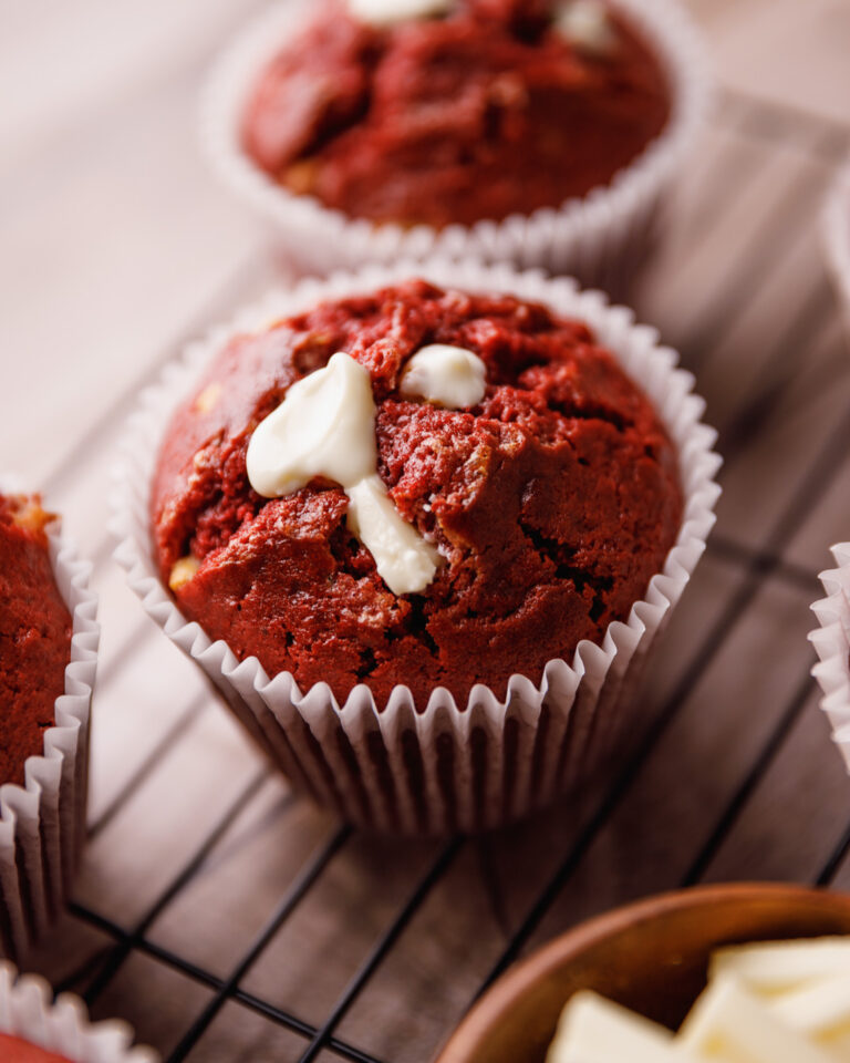 Soft and Fluffy Red Velvet Muffins with White Chocolate
